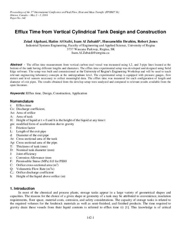 (PDF) Efflux Time from Vertical Cylindrical Tank Design and Construction