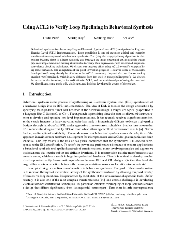 (PDF) Using ACL2 to Verify Loop Pipelining in Behavioral Synthesis