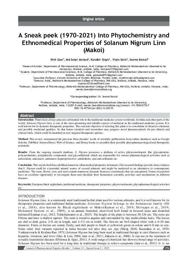 A Sneak peek (1970-2021) Into Phytochemistry and Ethnomedical ...