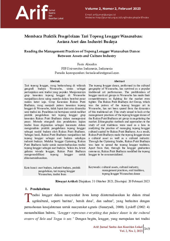 (PDF) Membaca Praktik Pengelolaan Tari Topeng Lengger Wanasaban: Antara ...