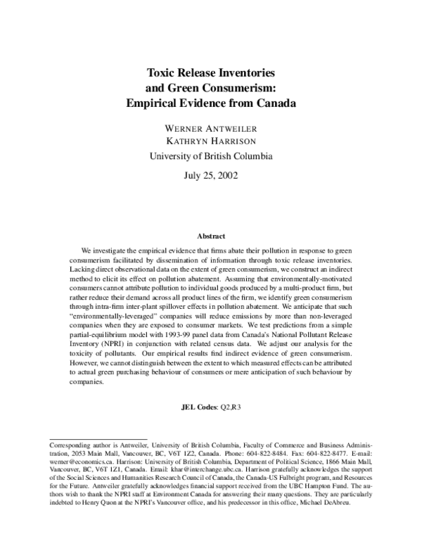 (PDF) Toxic release inventories and green consumerism: empirical ...