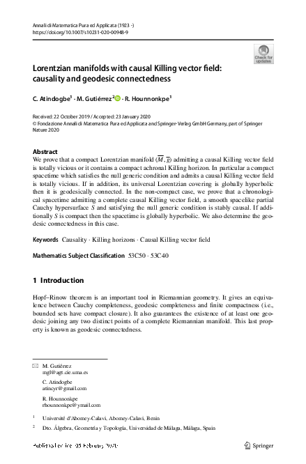 (PDF) Lorentzian manifolds with causal Killing vector field: causality ...