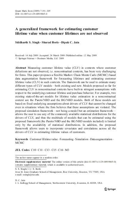 (PDF) A Generalized Framework for Estimating Customer Lifetime Value When Customer Lifetimes are ...
