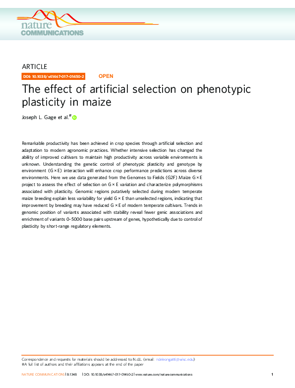 (PDF) The effect of artificial selection on phenotypic plasticity in maize
