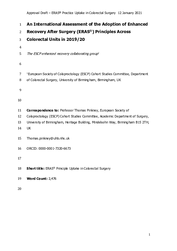 (PDF) An international assessment of the adoption of enhanced recovery ...