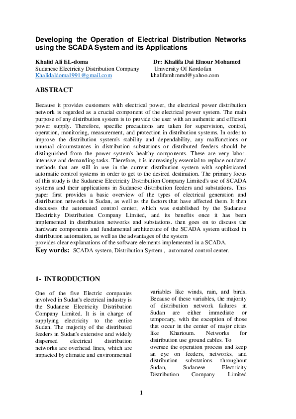 (PDF) Developing the Operation of Electrical Distribution Networks using the SCADA System and ...
