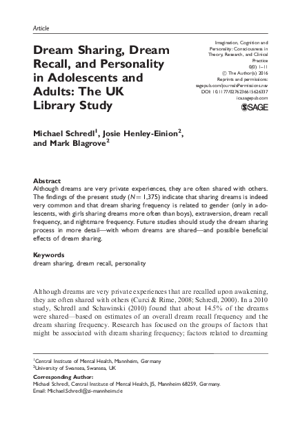 (PDF) Dream Sharing, Dream Recall, and Personality in Adolescents and ...