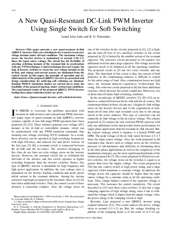 A new quasi-resonant DC-link PWM inverter using single switch for soft switching