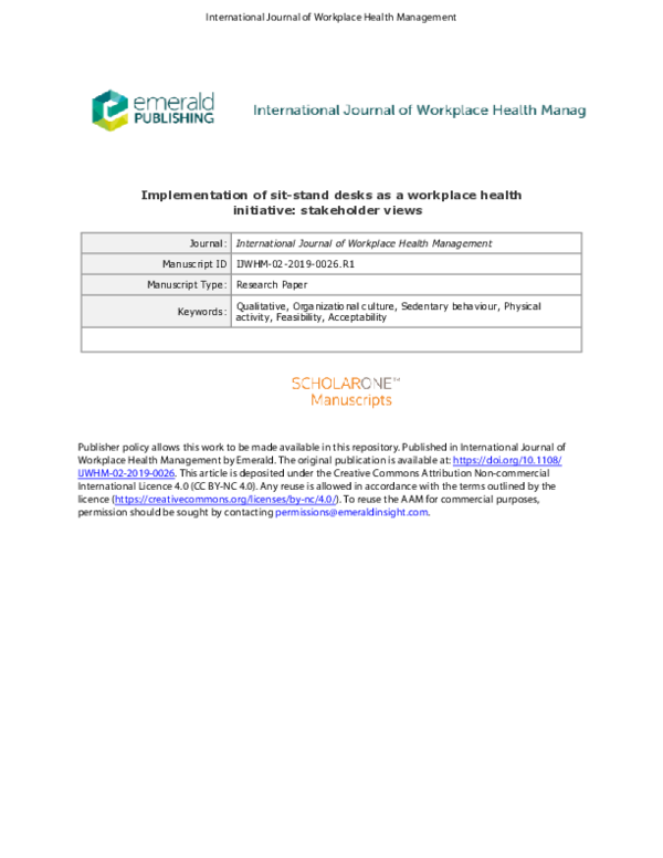 (PDF) Implementation of sit-stand desks as a workplace health ...