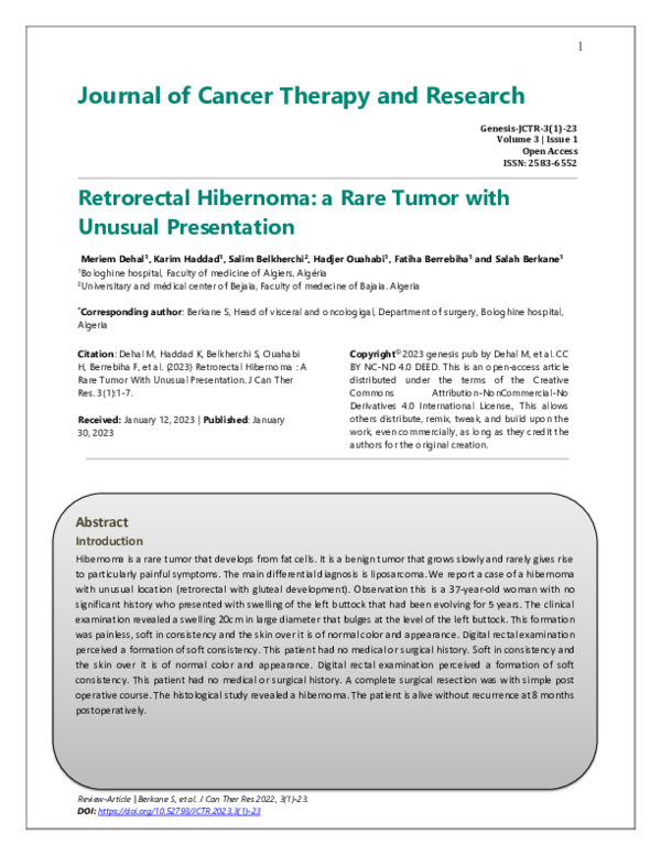 (PDF) Retrorectal Hibernoma: A Rare Tumor With Unusual Presentation