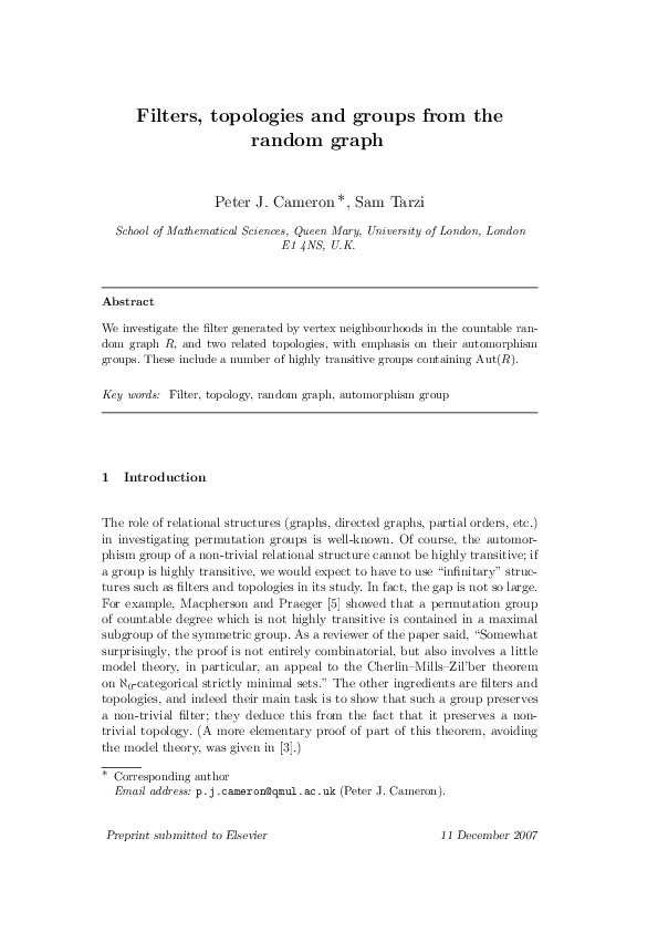 (PDF) Filters, topologies and groups from the random graph