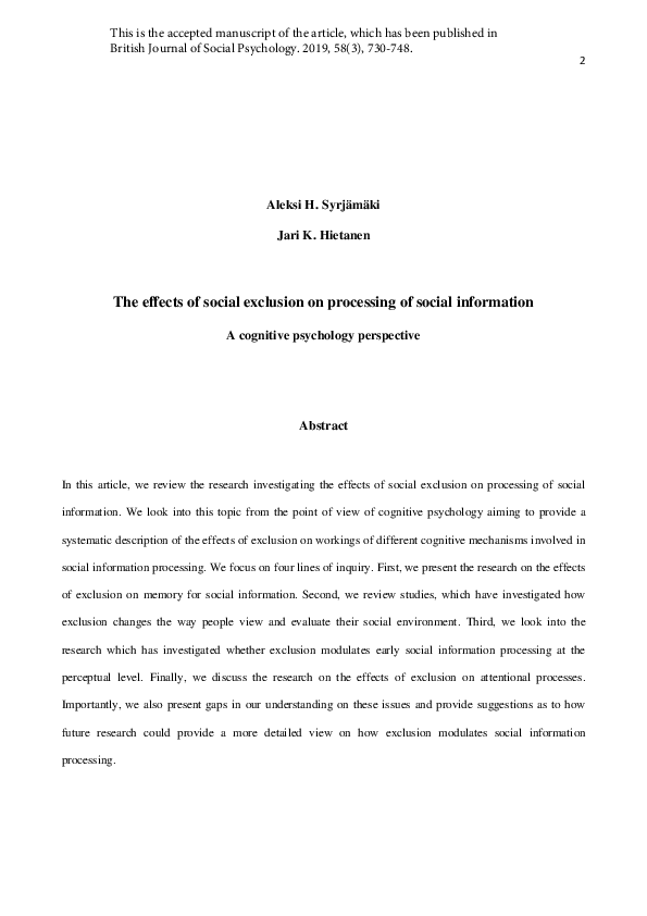(PDF) The effects of social exclusion on processing of social ...