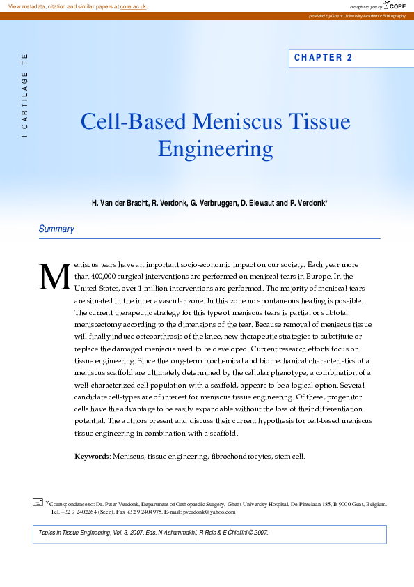 (PDF) Cell-based meniscus tissue engineering