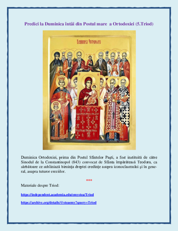 (PDF) Predici la Duminica întâi din Postul mare a Ortodoxiei (5. Triod)