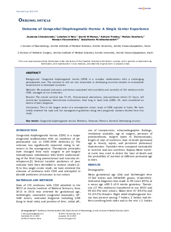 (PDF) Outcome of Congenital Diaphragmatic Hernia: A Single Center ...