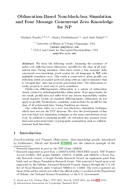 (PDF) Obfuscation-Based Non-black-box Simulation and Four Message Concurrent Zero Knowledge for NP