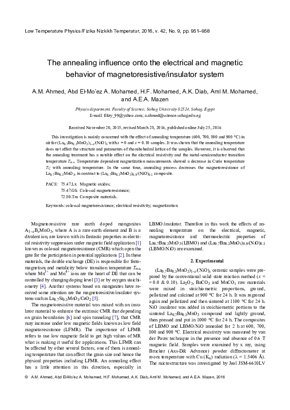 (PDF) The annealing influence onto the electrical and magnetic behavior ...