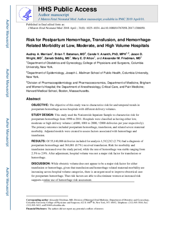 (PDF) Risk for postpartum hemorrhage, transfusion, and hemorrhage ...