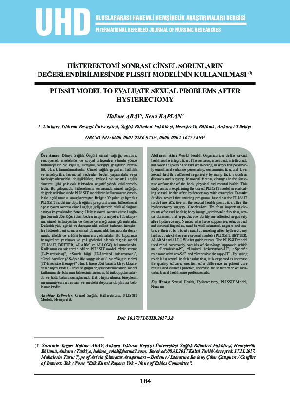 (PDF) PLISSIT MODEL TO EVALUATE SEXUAL PROBLEMS AFTER HYSTERECTOMY