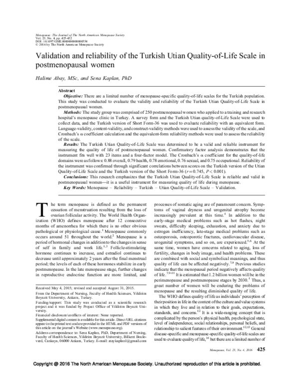 (PDF) Validation and reliability of the Turkish Utian Quality-of-Life ...