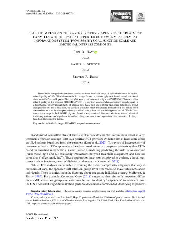 (PDF) Using Item Response Theory to Identify Responders to Treatment: Examples with the Patient ...