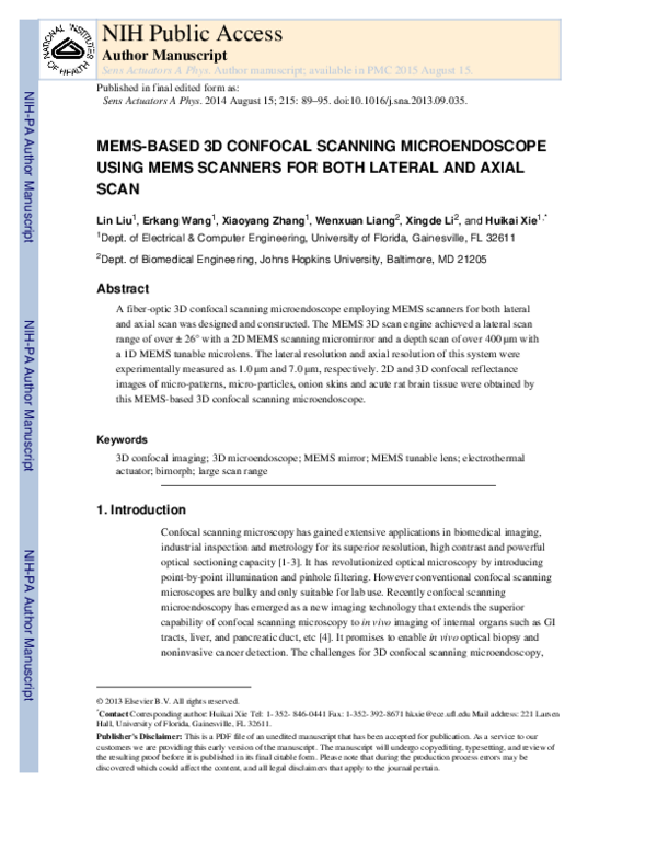 (PDF) MEMS-based 3D confocal scanning microendoscope using MEMS scanners for both lateral and ...