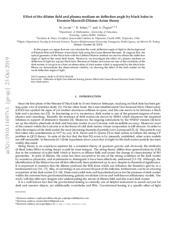 Effect of the dilaton field and plasma medium on deflection angle by ...