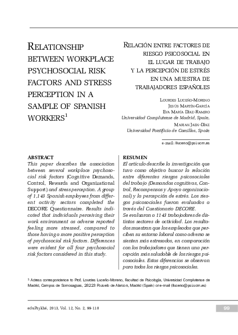 Relationship between workplace psychosocial risk factors and stress ...