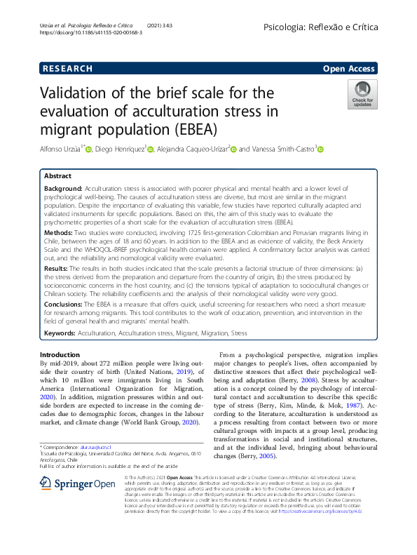 (PDF) Validation of the brief scale for the evaluation of acculturation ...