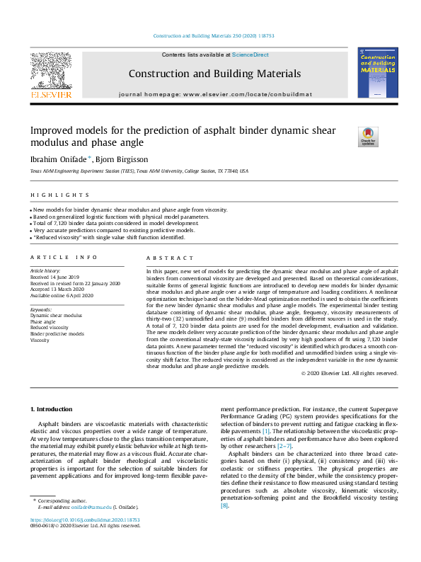 (PDF) Improved models for the prediction of asphalt binder dynamic ...