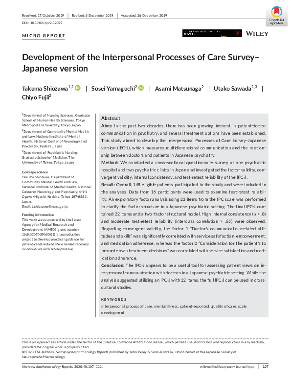 (PDF) Development of the Interpersonal Processes of Care Survey–Japanese version