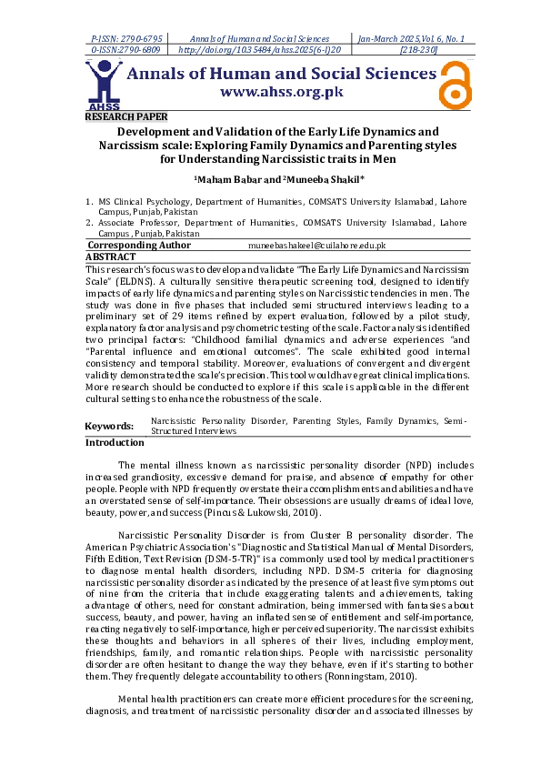 (PDF) Development and Validation of the Early Life Dynamics and Narcissism scale: Exploring ...