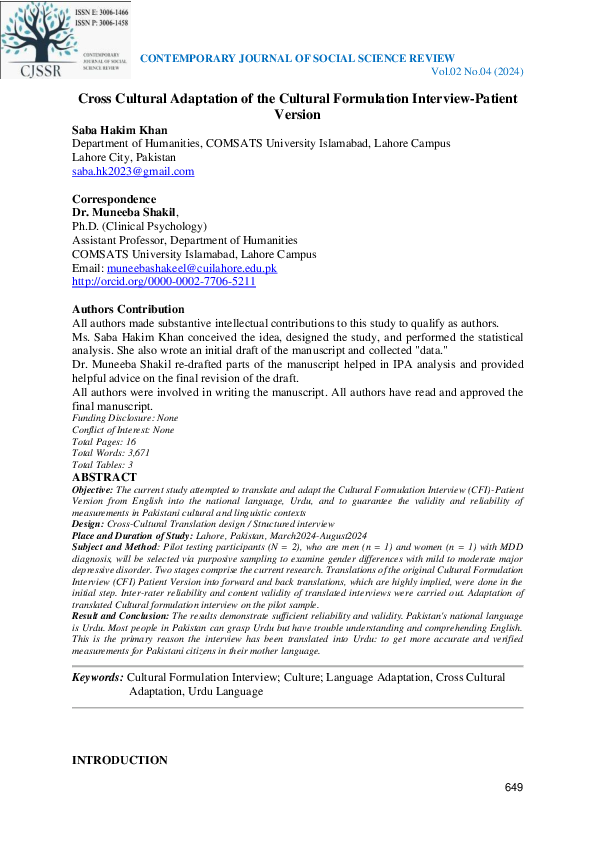 (PDF) Cross Cultural Adaptation of the Cultural Formulation Interview ...