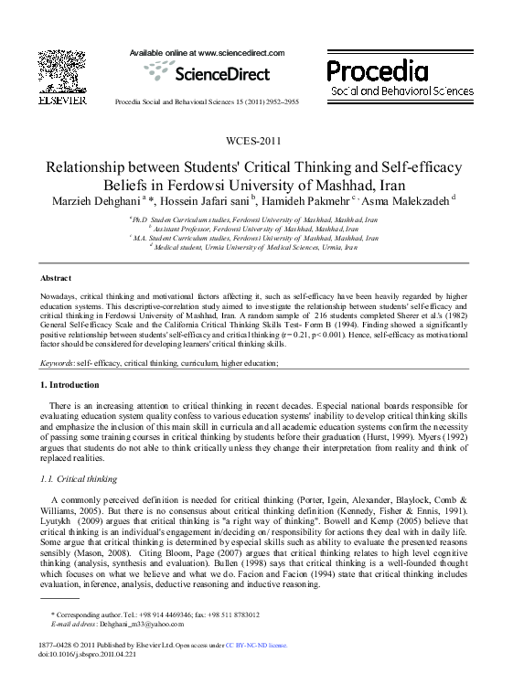 (PDF) Relationship between Students' Critical Thinking and Self-efficacy Beliefs in Ferdowsi ...