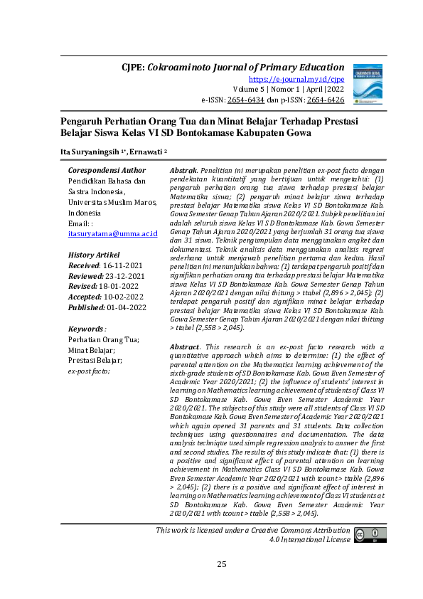 (PDF) Pengaruh Perhatian Orang Tua dan Minat Belajar Terhadap Prestasi Belajar Siswa Kelas VI SD ...