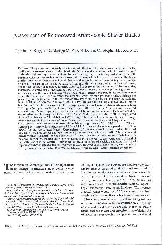 (PDF) Assessment of Reprocessed Arthroscopic Shaver Blades