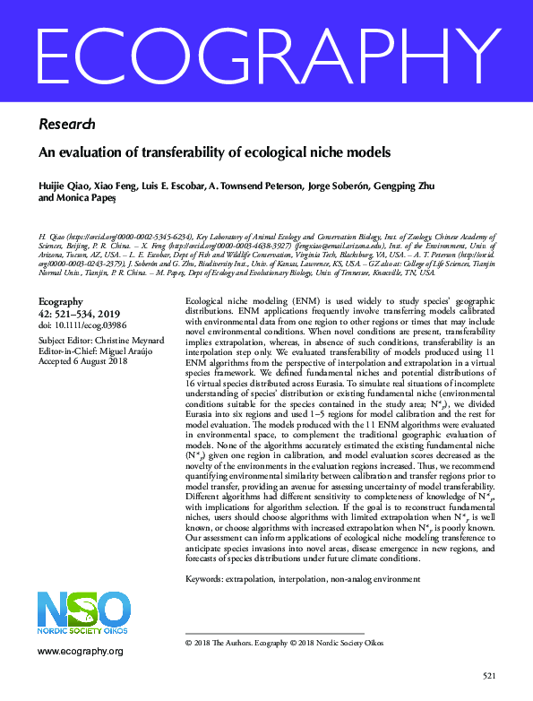 (PDF) An evaluation of transferability of ecological niche models