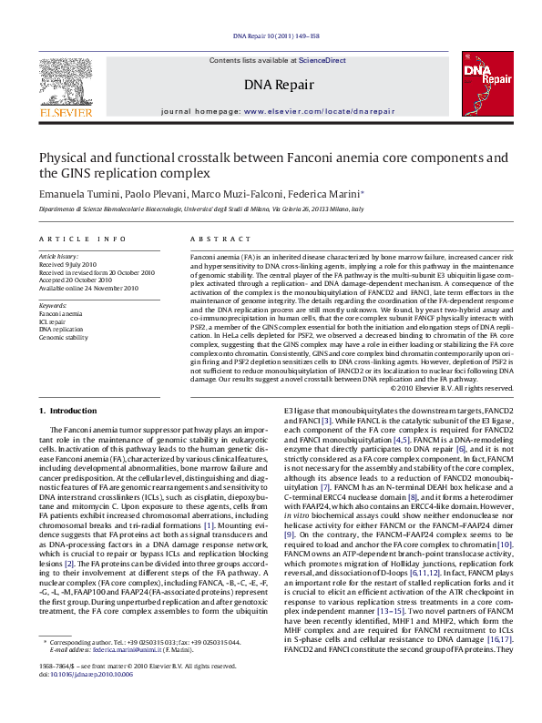 (PDF) Physical and functional crosstalk between Fanconi anemia core ...