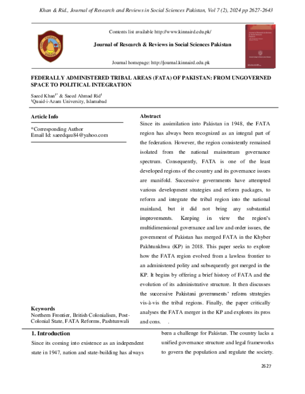 (PDF) FEDERALLY ADMINISTERED TRIBAL AREAS (FATA) OF PAKISTAN: FROM ...