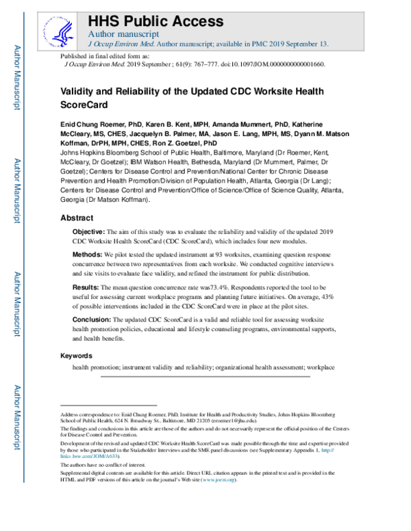 (PDF) Validity and Reliability of the Updated CDC Worksite Health ScoreCard