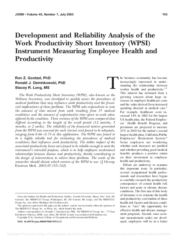 (PDF) Development and Reliability Analysis of the Work Productivity Short Inventory (WPSI ...