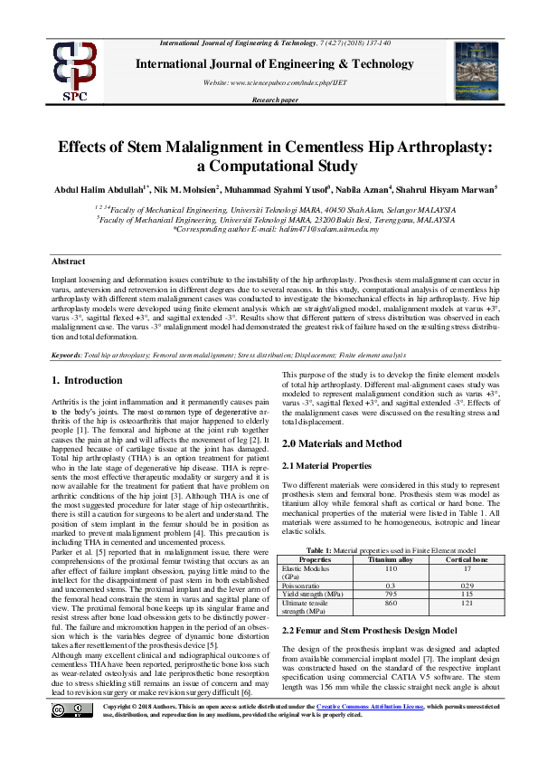 (PDF) Effects of Stem Malalignment in Cementless Hip Arthroplasty: a ...