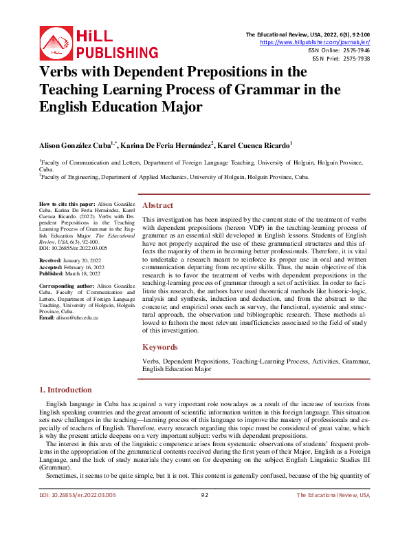 (PDF) Verbs with Dependent Prepositions in the Teaching Learning Process of Grammar in the ...