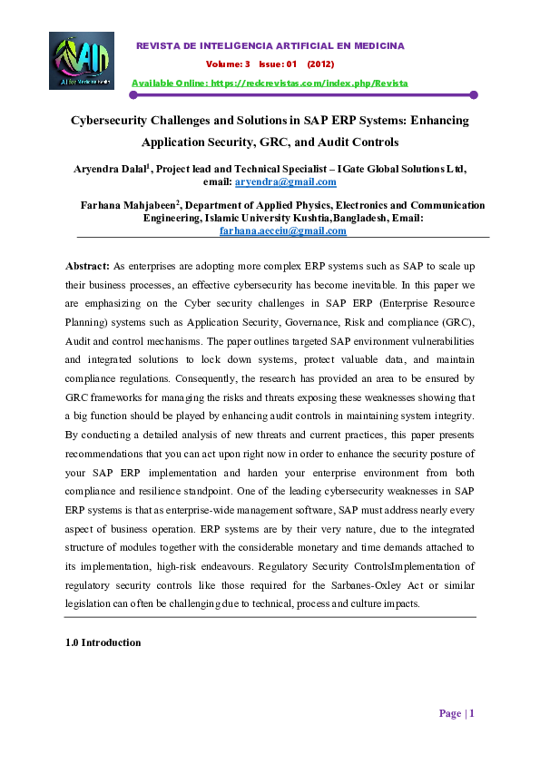 (PDF) Cybersecurity Challenges and Solutions in SAP ERP Systems: Enhancing Application Security ...