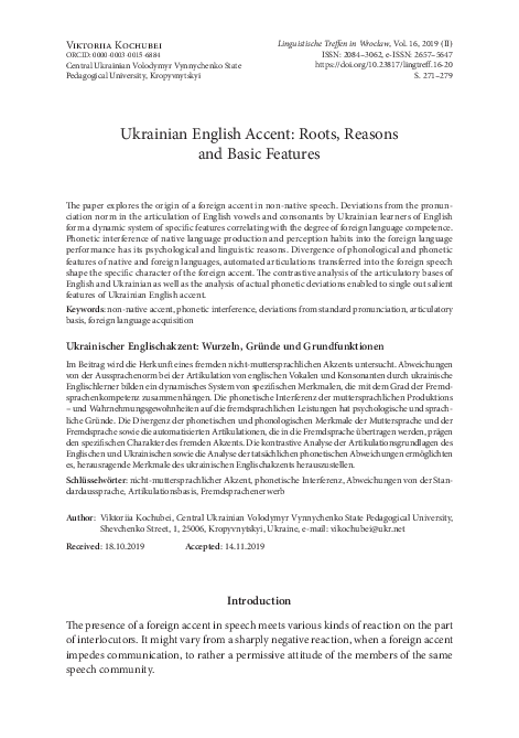 (PDF) Ukrainian English Accent: Roots, Reasons and Basic Features