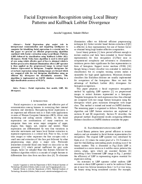 (PDF) Facial Expression recognition using Local Binary Patterns and Kullback Leibler divergence