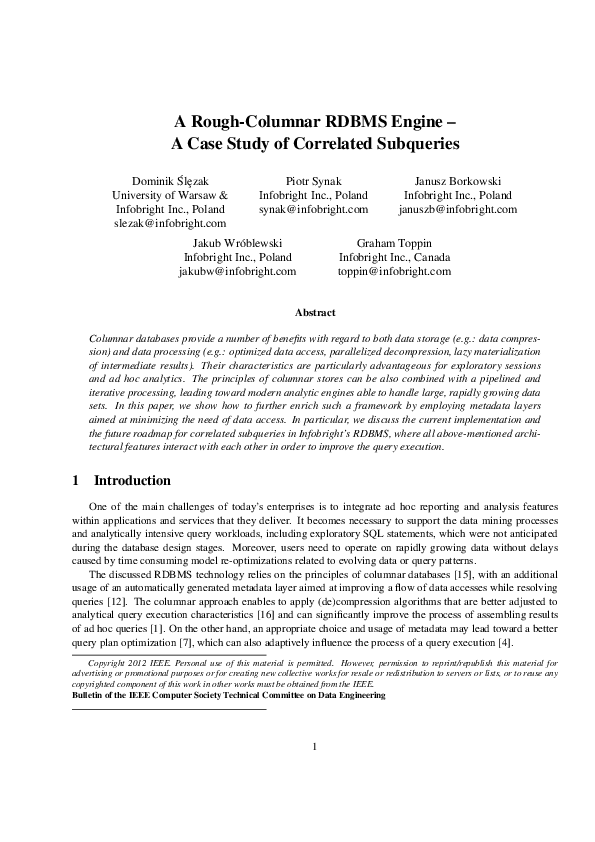 (PDF) A Rough-Columnar RDBMS Engine - A Case Study of Correlated Subqueries