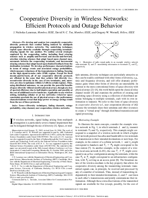 Pdf Cooperative Diversity In Wireless Networks Efficient Protocols And Outage Behavior