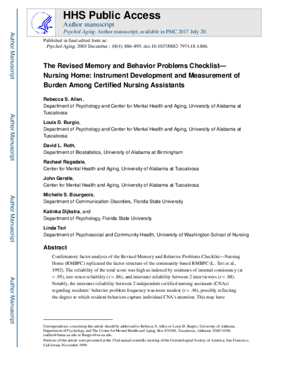 (PDF) The Revised Memory and Behavior Problems Checklist-Nursing Home ...