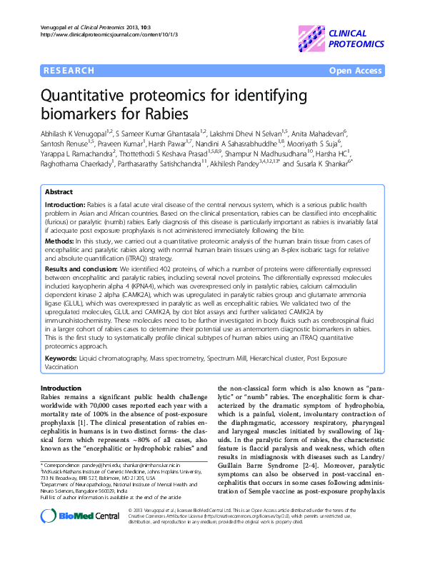 Quantitative proteomics for identifying biomarkers for Rabies